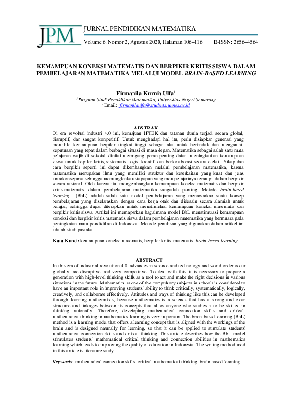 (PDF) Kemampuan Koneksi Matematis Dan Berpikir Kritis Siswa Dalam Pembelajaran Matematika ...
