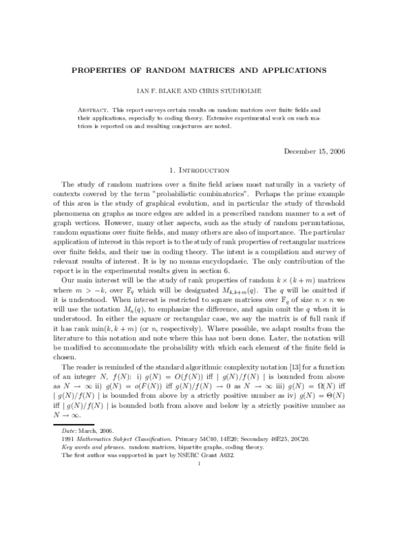 Pdf Properties Of Random Matrices And Applications