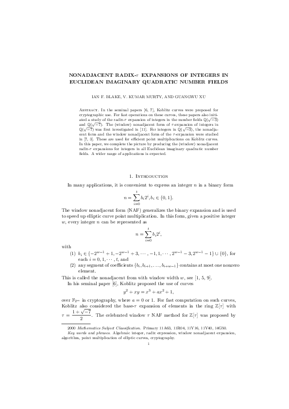 (PDF) Nonadjacent Radix-tau Expansions of Integers in Euclidean ...