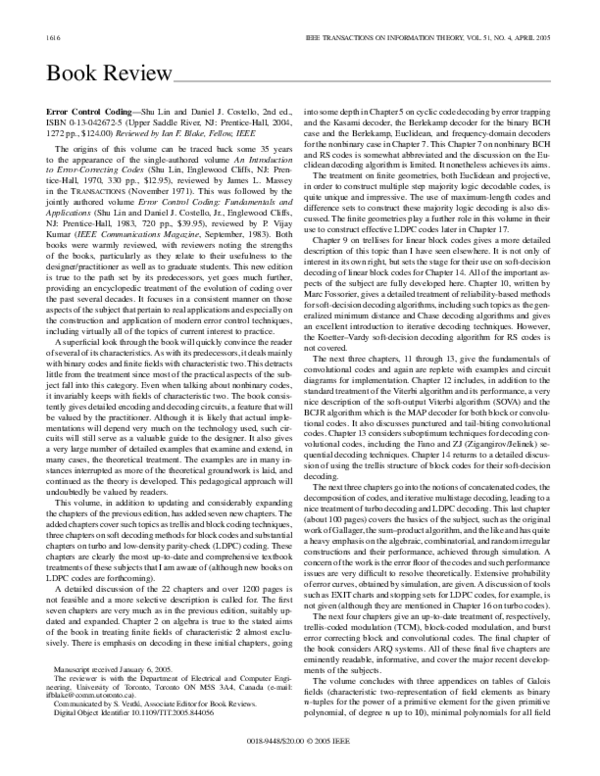 Pdf Error Control Coding Shu Lin And Costello D J 2004 [book Review]