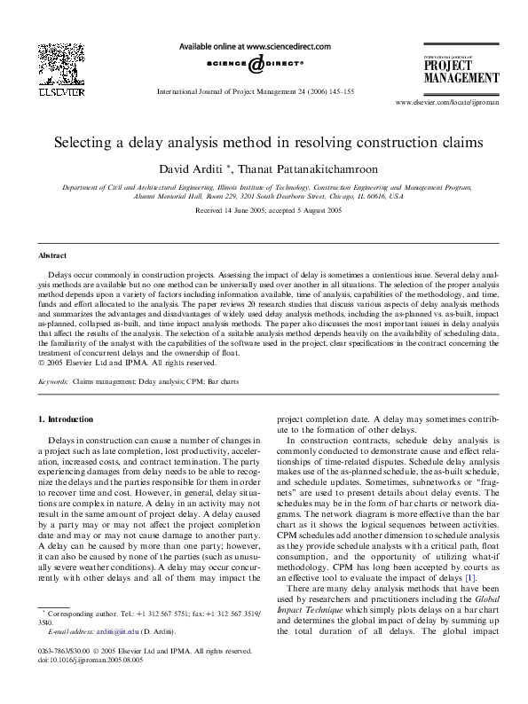 (PDF) Selecting a delay analysis method in resolving construction claims