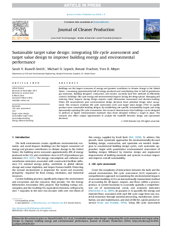 Pdf Sustainable Target Value Design Integrating Life Cycle