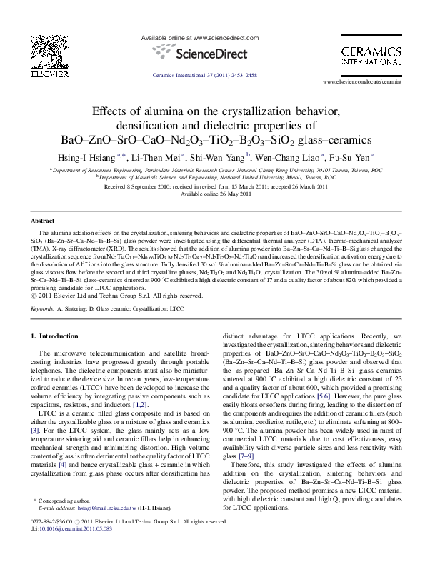Pdf Effects Of Alumina On The Crystallization Behavior Densification And Dielectric