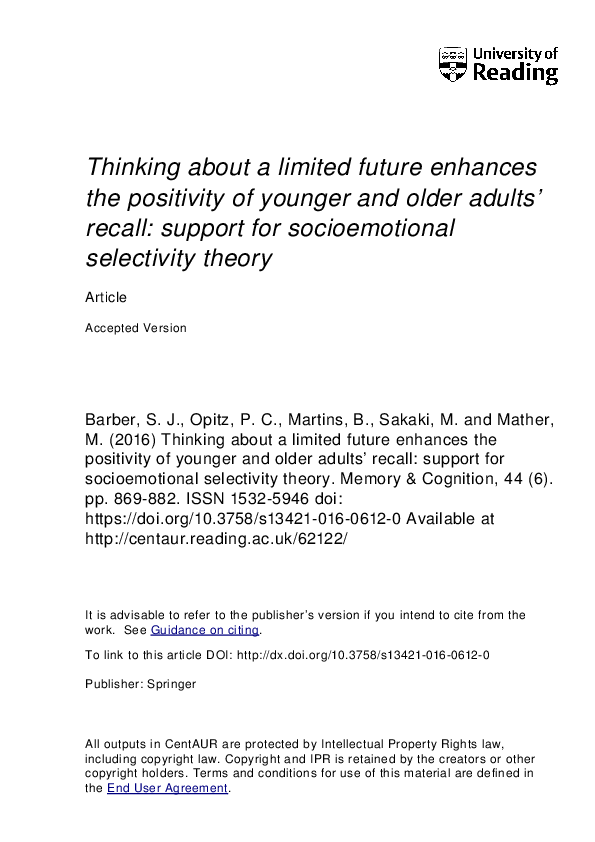 (PDF) Thinking about a limited future enhances the positivity of ...