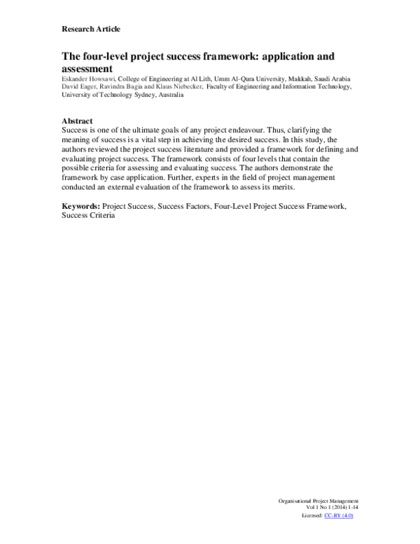 (PDF) The four-level project success framework: application and assessment