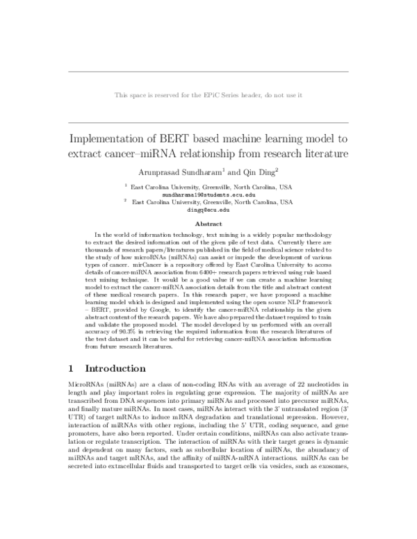 (PDF) Implementation of BERT based machine learning model to extract ...