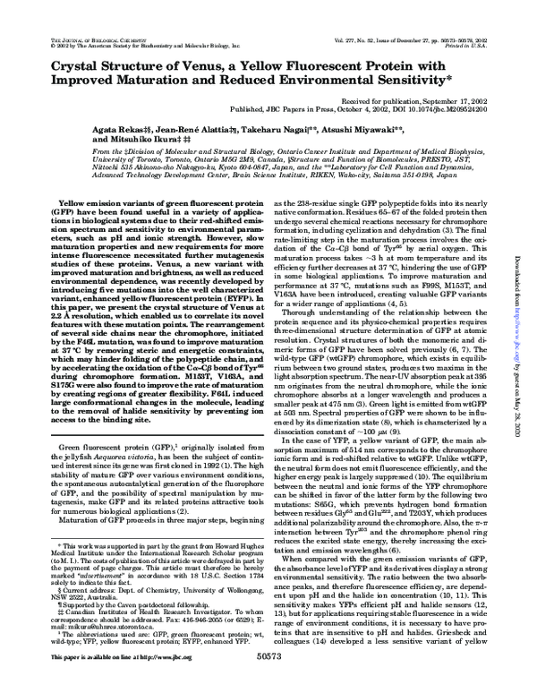 (PDF) Crystal Structure of Venus, a Yellow Fluorescent Protein with ...
