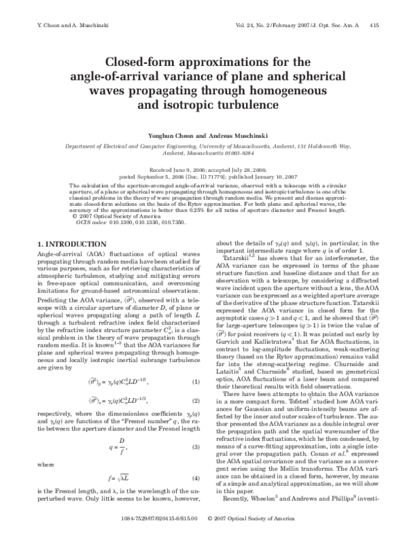 (PDF) Closed-form approximations for the angle-of-arrival variance of plane and spherical waves ...