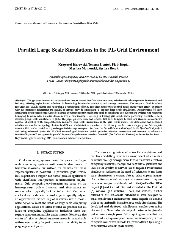 (PDF) Parallel Large Scale Simulations in the PL-Grid Environment