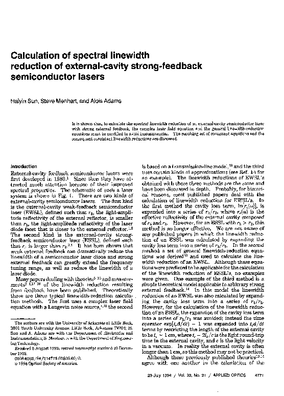 (PDF) Calculation of spectral linewidth reduction of external-cavity ...