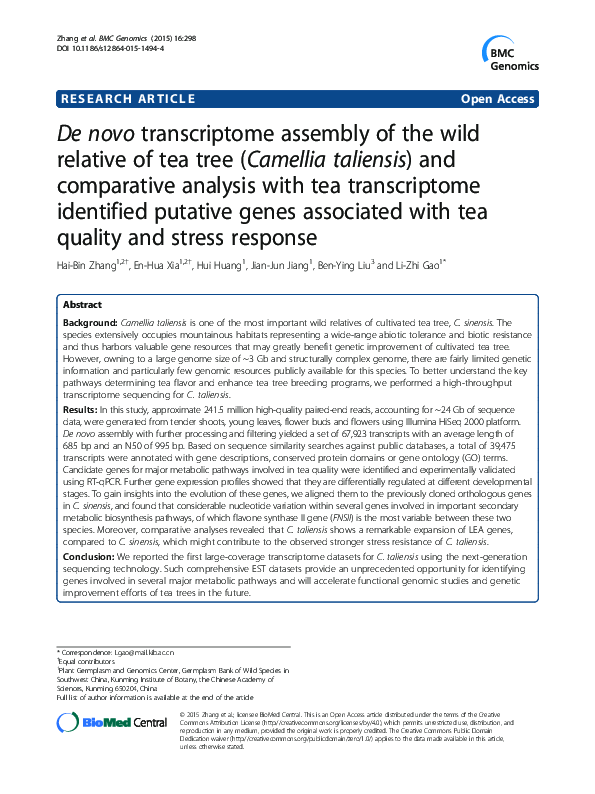 (PDF) De novo transcriptome assembly of the wild relative of tea tree (Camellia taliensis) and ...