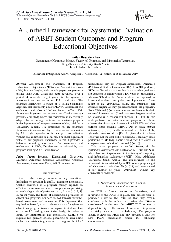 (PDF) A Unified Framework for Systematic Evaluation of ABET Student ...