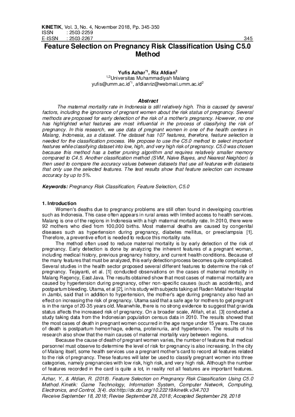 (PDF) Feature Selection on Pregnancy Risk Classification Using C5.0 Method