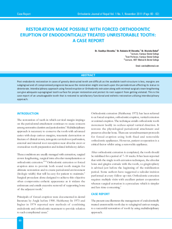 (PDF) Restoration Made Possible with Forced Orthodontic Eruption of ...