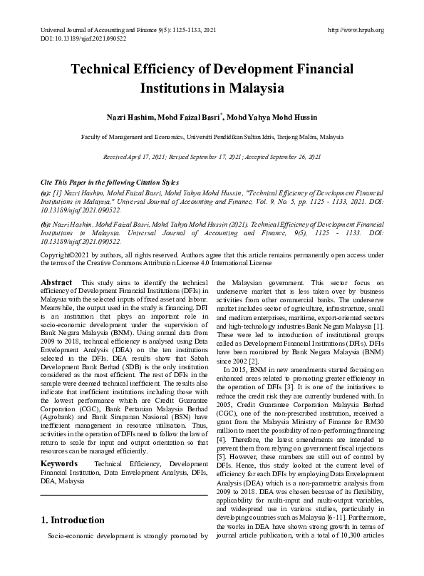 (PDF) Technical Efficiency of Development Financial Institutions in ...