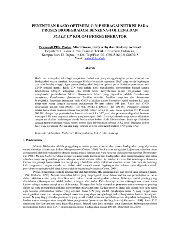 (PDF) Penentuan Rasio Optimum C:N:P Sebagai Nutrisi Pada Proses Biodegradasi Benzena-Toluena Dan ...