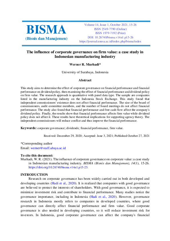 (PDF) The influence of corporate governance on firm value: a case study in Indonesian ...