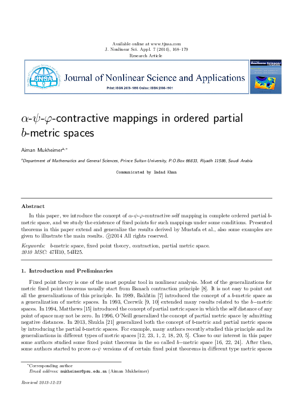 (PDF) Α−ψ−φ -Contractive Mappings in Ordered Partial B-Metric Spaces | Aiman Mukheimer ...