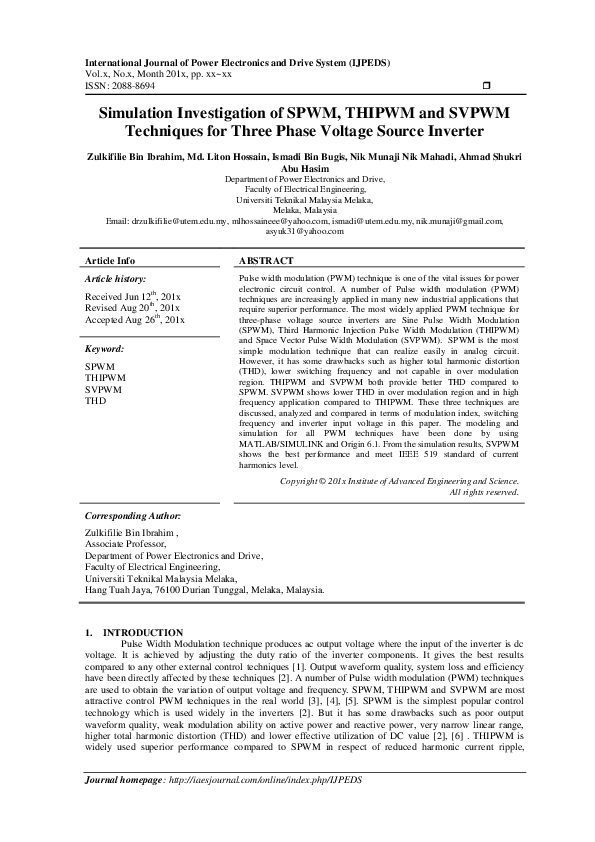 Pdf Simulation Investigation Of Spwm Thipwm And Svpwm Techniques For Three Phase Voltage