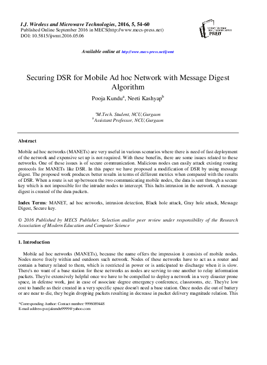 Pdf Securing Dsr For Mobile Ad Hoc Network With Message Digest Algorithm