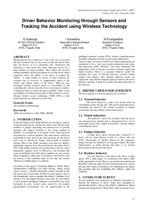 (PDF) Driver Behavior Monitoring through Sensors and Tracking the Accident using Wireless Technology