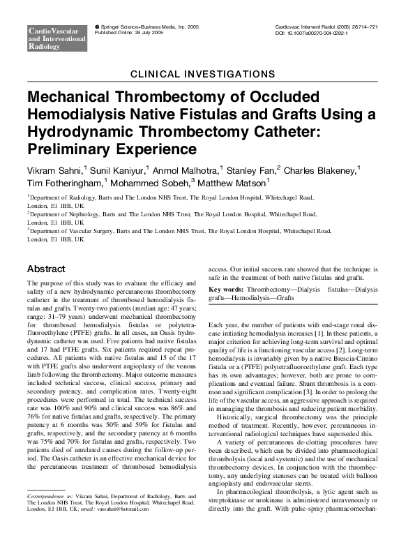 (PDF) Hydrodynamic Thrombectomy for Thrombosed Hemodialysis Access