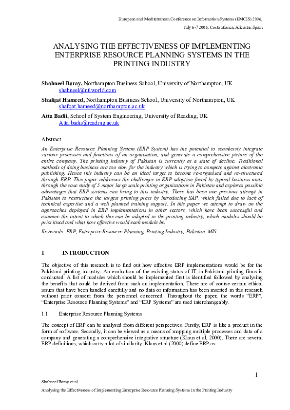 (PDF) Analysing the effectiveness of implementing enterprise resource planning systems in the ...