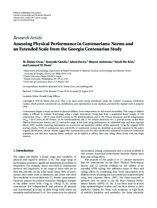 (PDF) Assessing physical performance in centenarians: norms and an ...