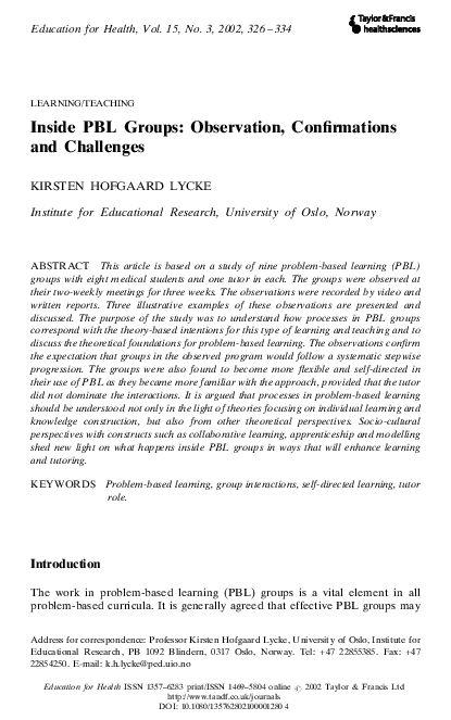 (PDF) Inside PBL Groups: Observation, Confirmations and Challenges