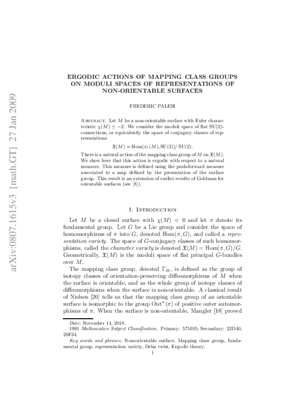 Pdf Ergodic Actions Of Mapping Class Groups On Moduli Spaces Of Representations Of Non