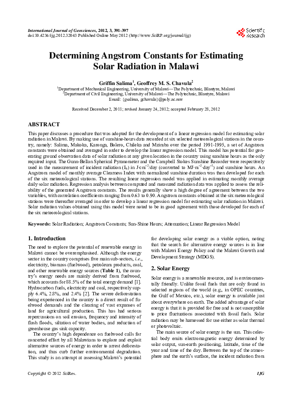 (PDF) Determining Angstrom Constants for Estimating Solar Radiation in ...