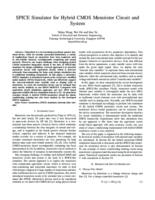 (PDF) SPICE simulator for hybrid CMOS memristor circuit and system