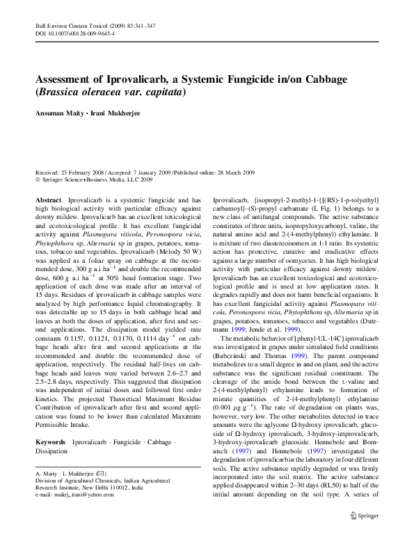 (PDF) Assessment of Iprovalicarb, a Systemic Fungicide in/on Cabbage ...