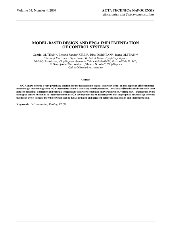 (PDF) Model-Based Design and FPGA Implementation of Control Systems