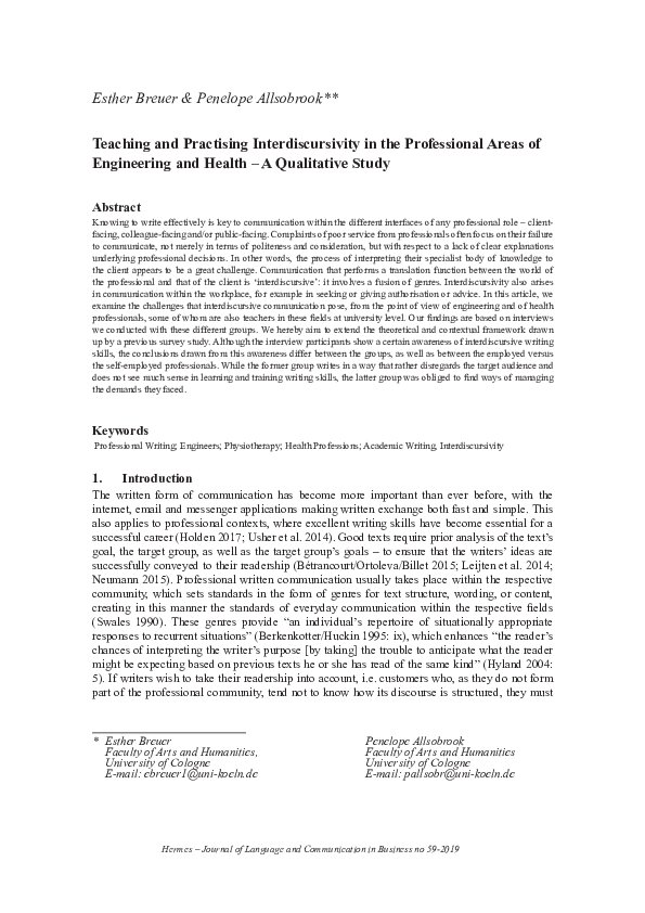 (PDF) Teaching and Practising Interdiscursivity in the Professional ...