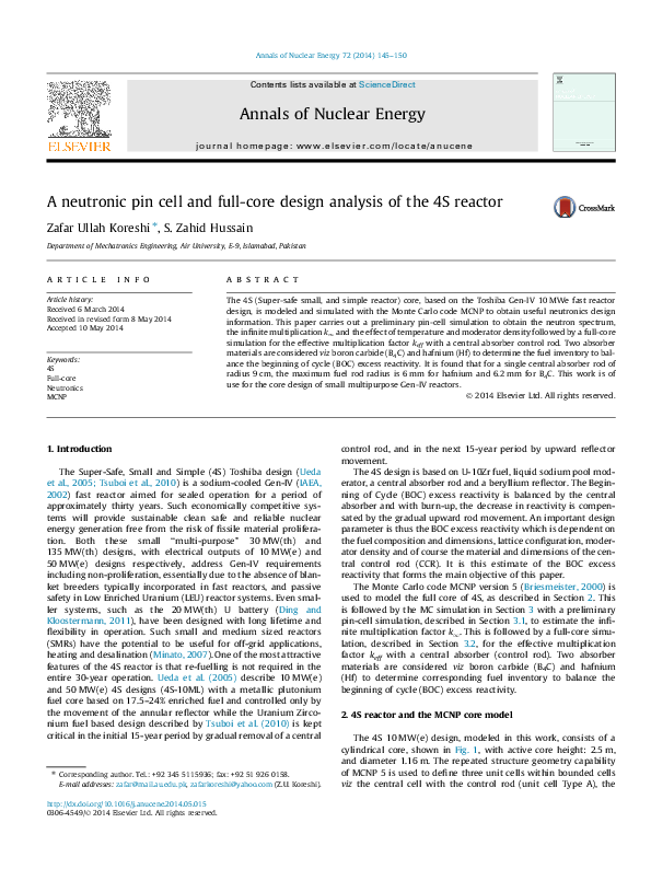 (PDF) A neutronic pin cell and full-core design analysis of the 4S reactor