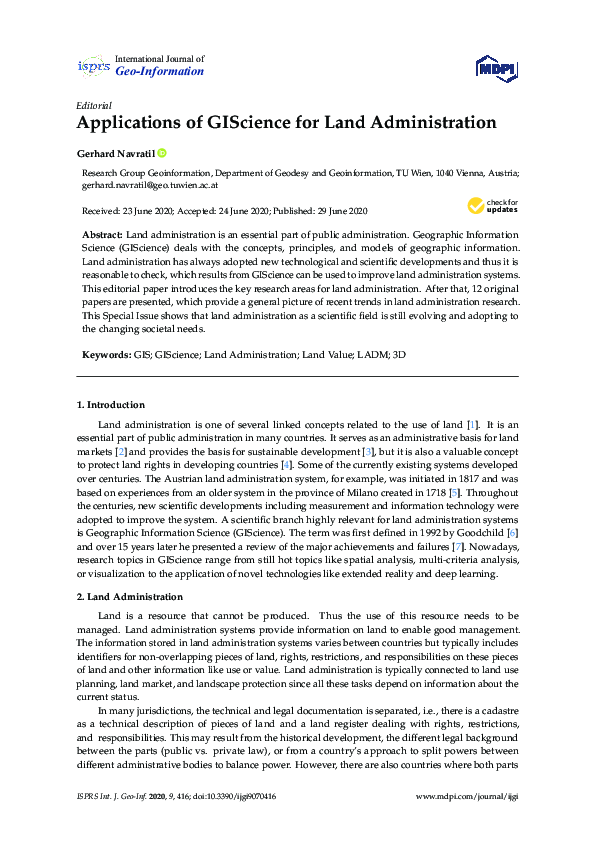 (PDF) Applications of GIScience for Land Administration