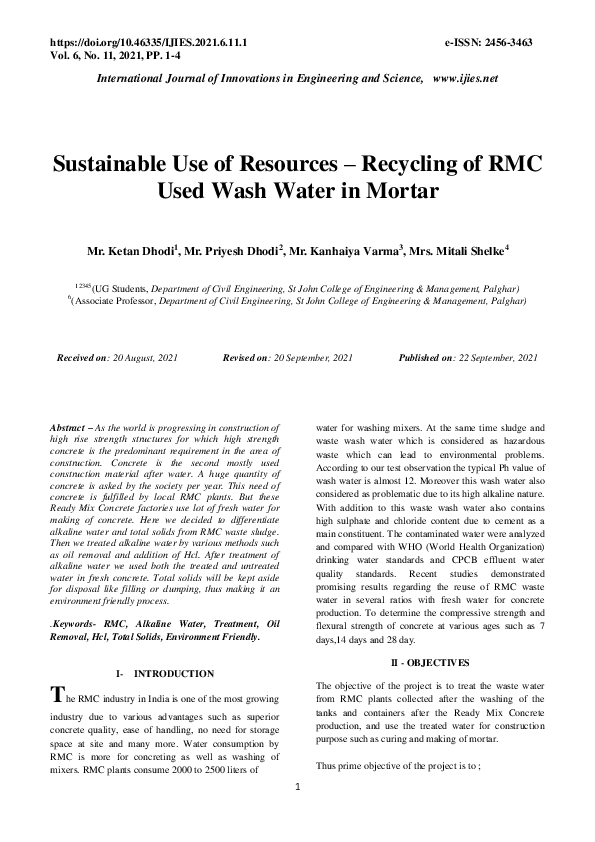 (PDF) Sustainable Use of Resources -Recycling of RMC Used Wash Water in ...