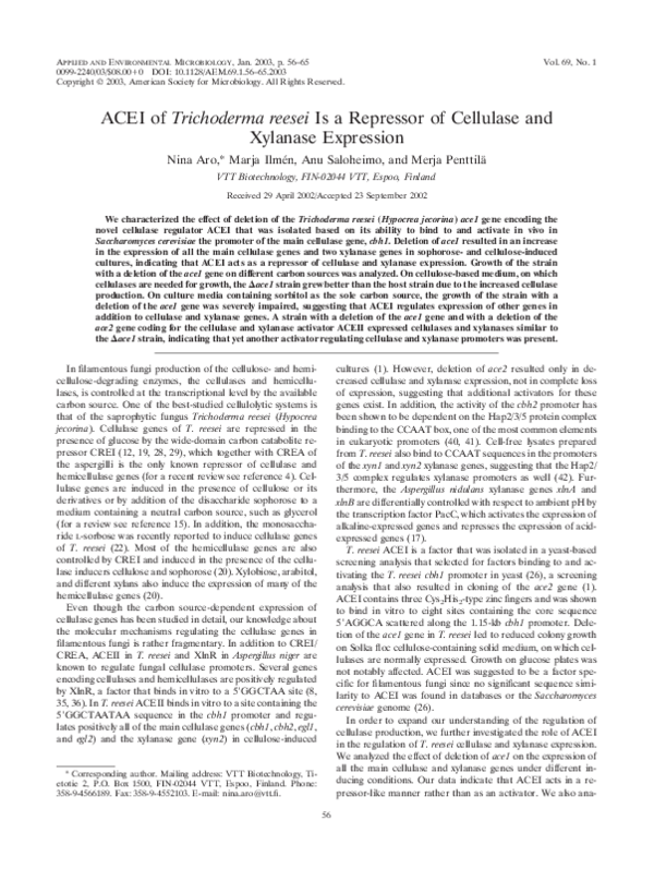 (PDF) ACEI of Trichoderma reesei is a repressor of cellulase and xylanase expression