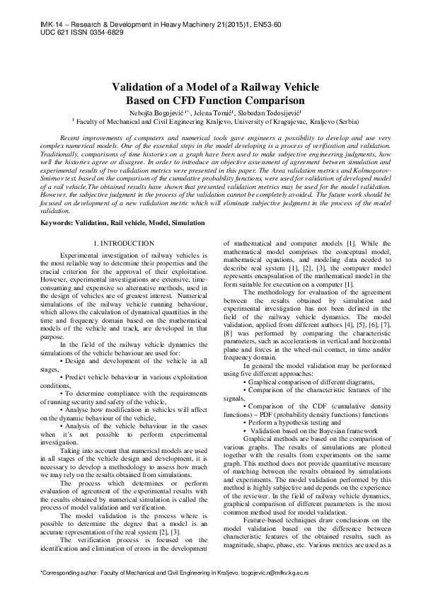 Pdf Validation Of A Model Of A Railway Vehicle Based On Cfd Function Comparison