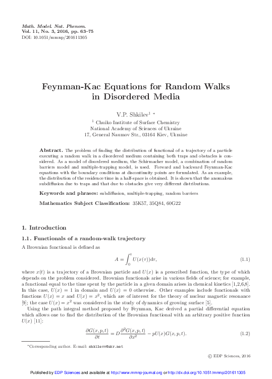 (PDF) Feynman-Kac Equations for Random Walks in Disordered Media