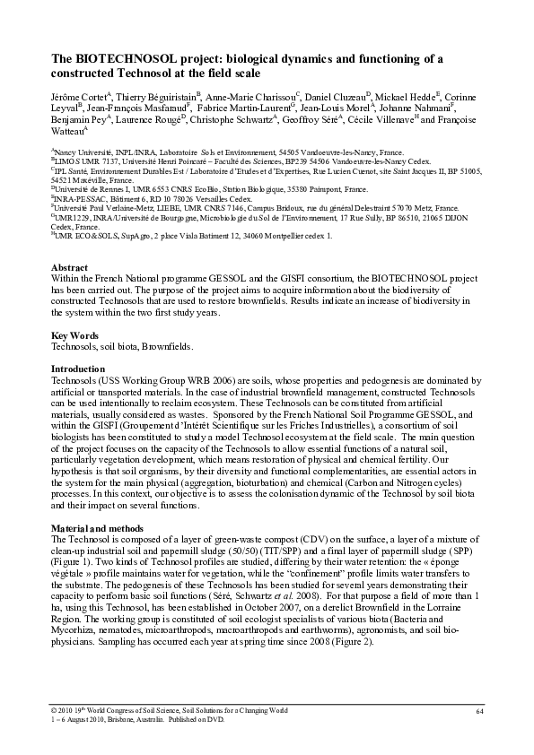 (PDF) The BIOTECHNOSOL project: biological dynamics and functioning of ...