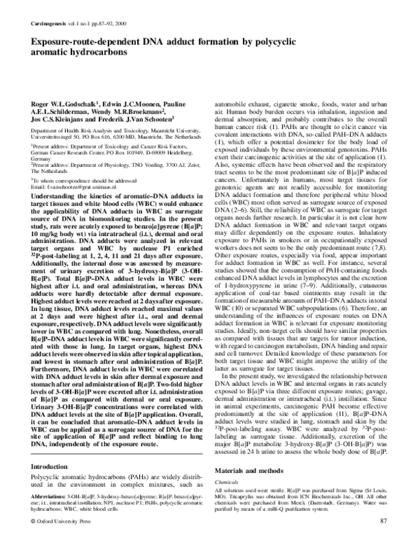 (PDF) Exposure-route-dependent DNA adduct formation by polycyclic aromatic hydrocarbons