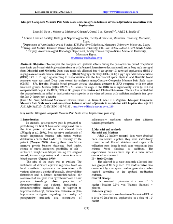 (PDF) Glasgow Composite Measure Pain Scale score and comaprison between ...