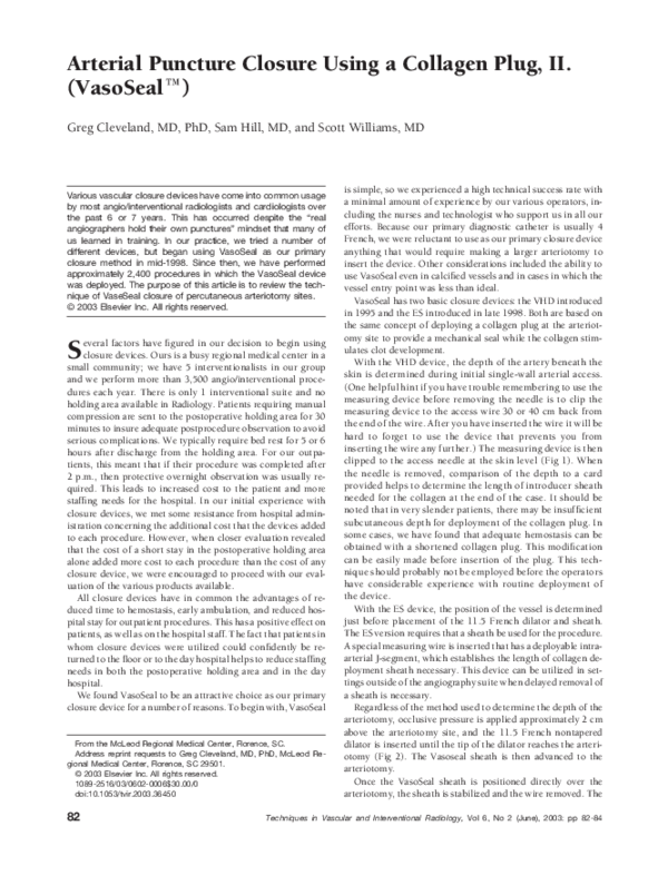 (PDF) Arterial puncture closure using a collagen plug, II. (VasoSeal TM)