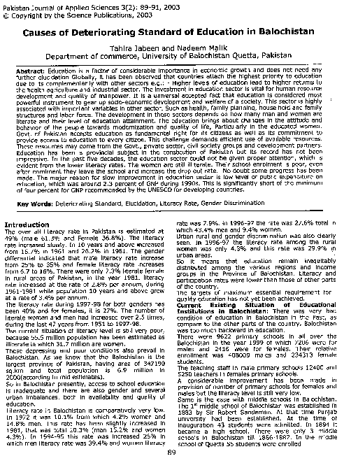(PDF) Causes of Deteriorating Standard of Education in Balochistan