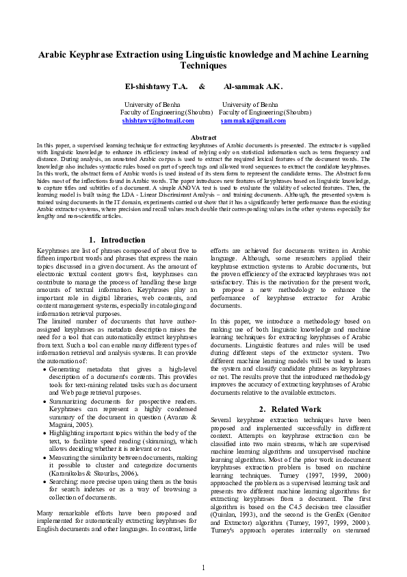 (PDF) Arabic Keyphrase Extraction using Linguistic knowledge and MachineLearning Techniques