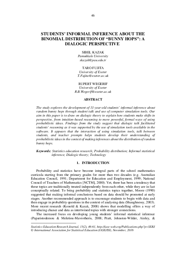 (PDF) Students’ Informal Inference About the Binomial Distribution of “Bunny Hops”: A Dialogic ...