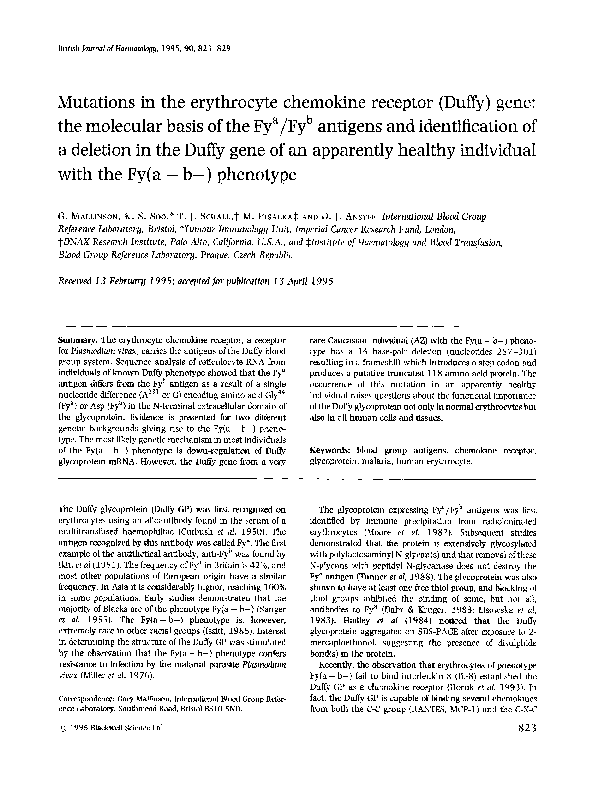 (PDF) Mutations in the erythrocyte chemokine receptor (Duffy) gene: the ...