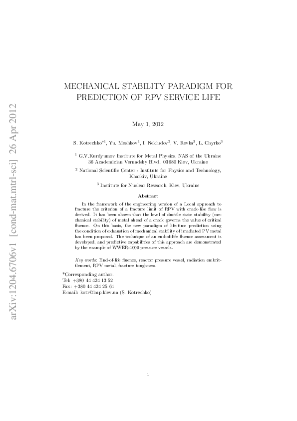 (PDF) Mechanical stability paradigm for prediction of rpv service life ...